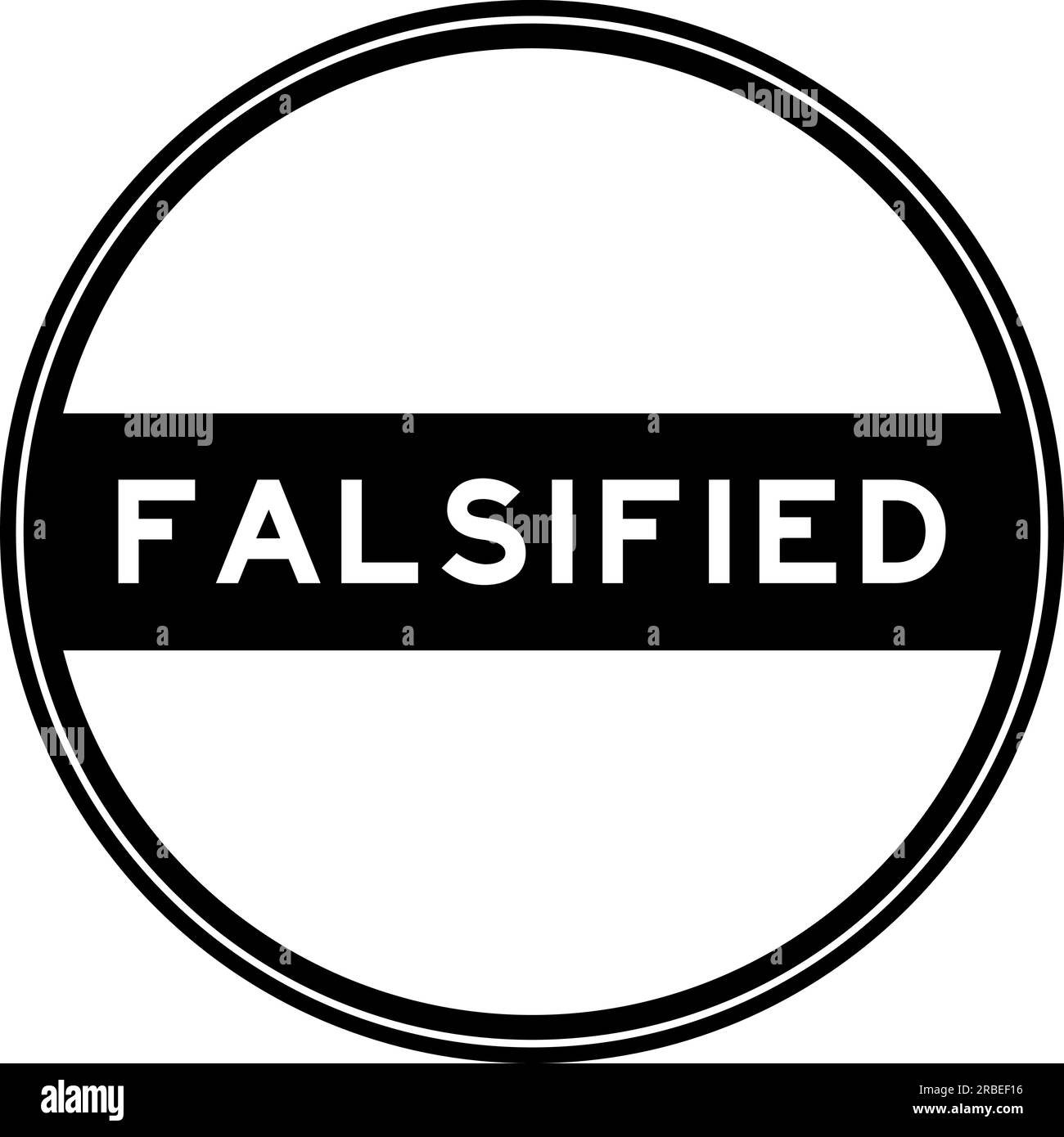 Black color round seal sticker in word falsified on white background ...