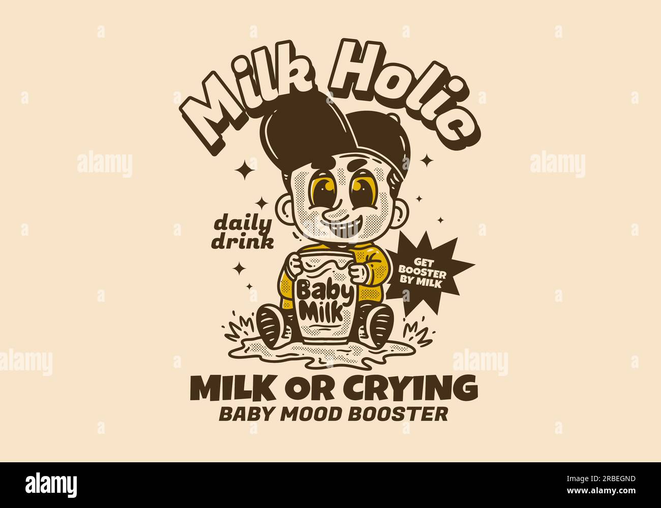 Milk holic, vintage drawing of baby character holding a glass of milk ...