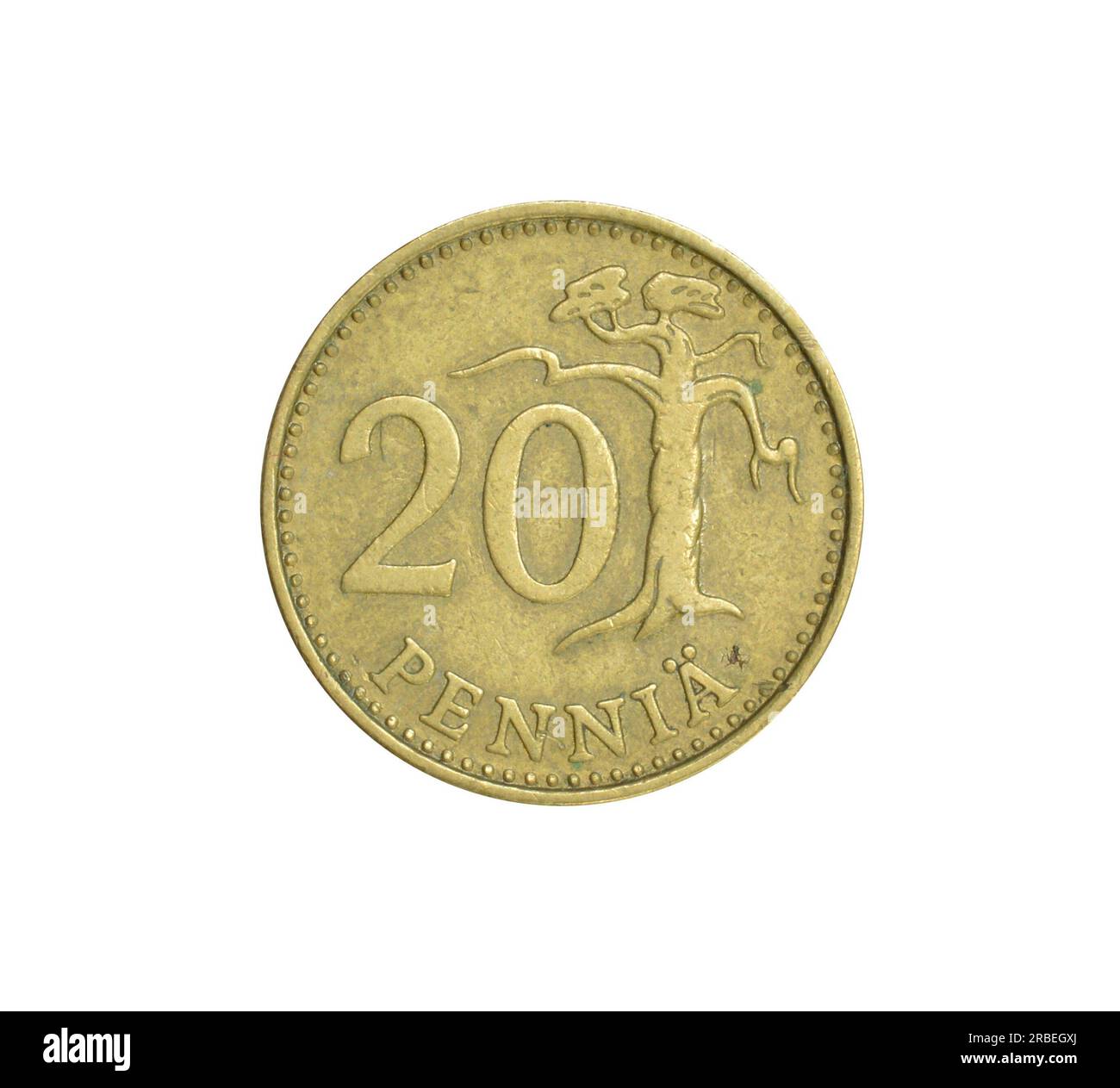 20 Penniä coin made by Finland, that shows Pine tree and numeral value ...