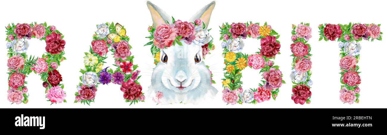 Word RABBIT of watercolor flowers, isolated hand drawn on a white ...