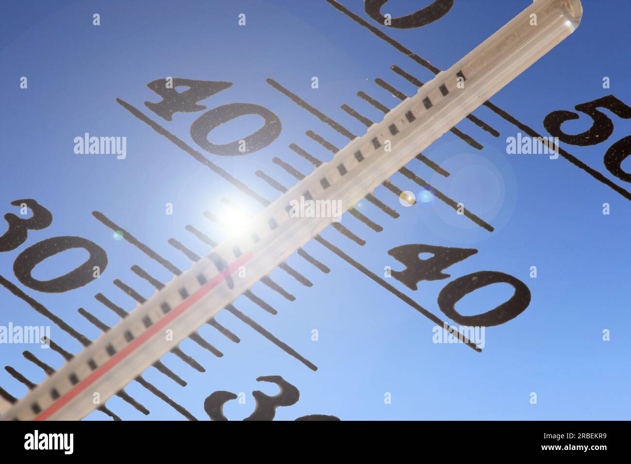 Symbol image of heat: Thermometer shows temperatures above 35 degrees ...