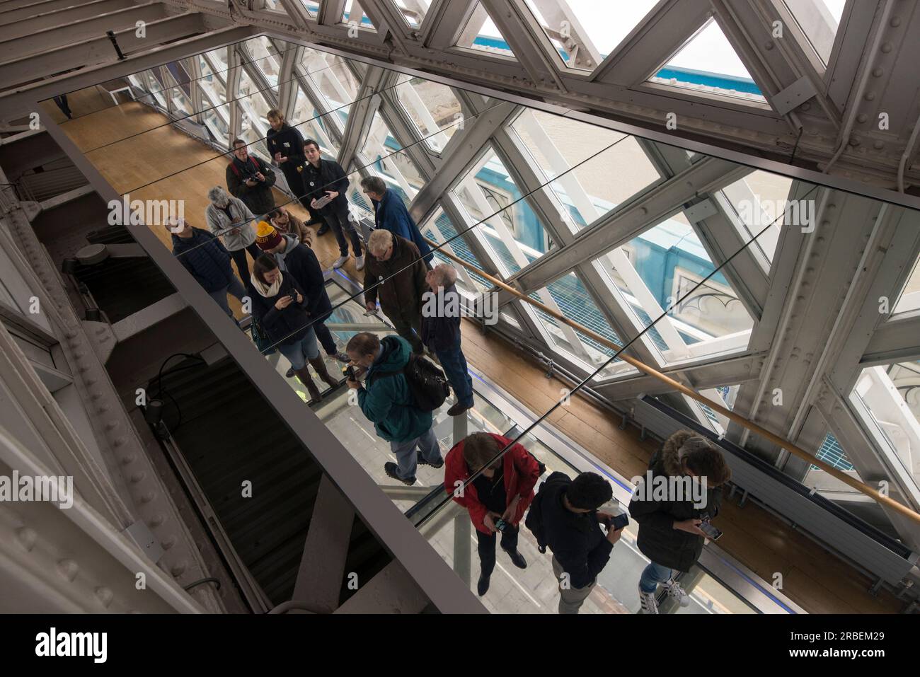 Tower Bridge elevated walkway seen through its mirrored ceiling Stock ...