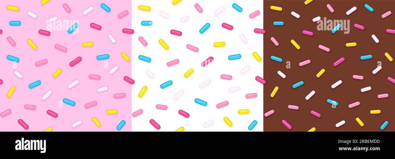 Set of 3 sugar sprinkles seamless patterns. Pink, white and chocolate ...