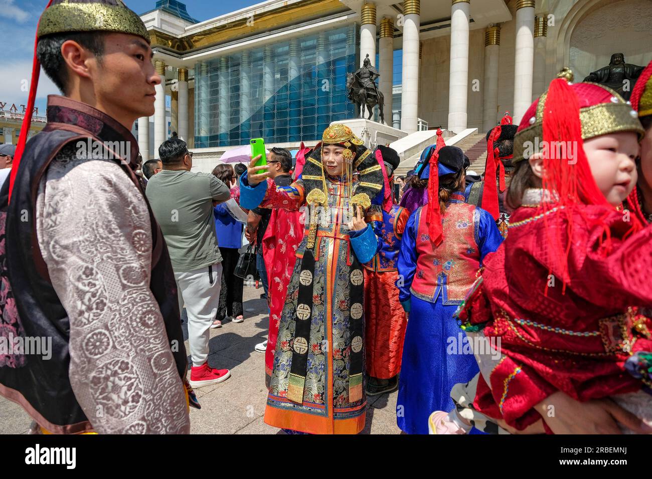 Ulaanbaatar, Mongolia - July 8, 2023: Mongolian woman in traditional costume at Sukhbaatar ...