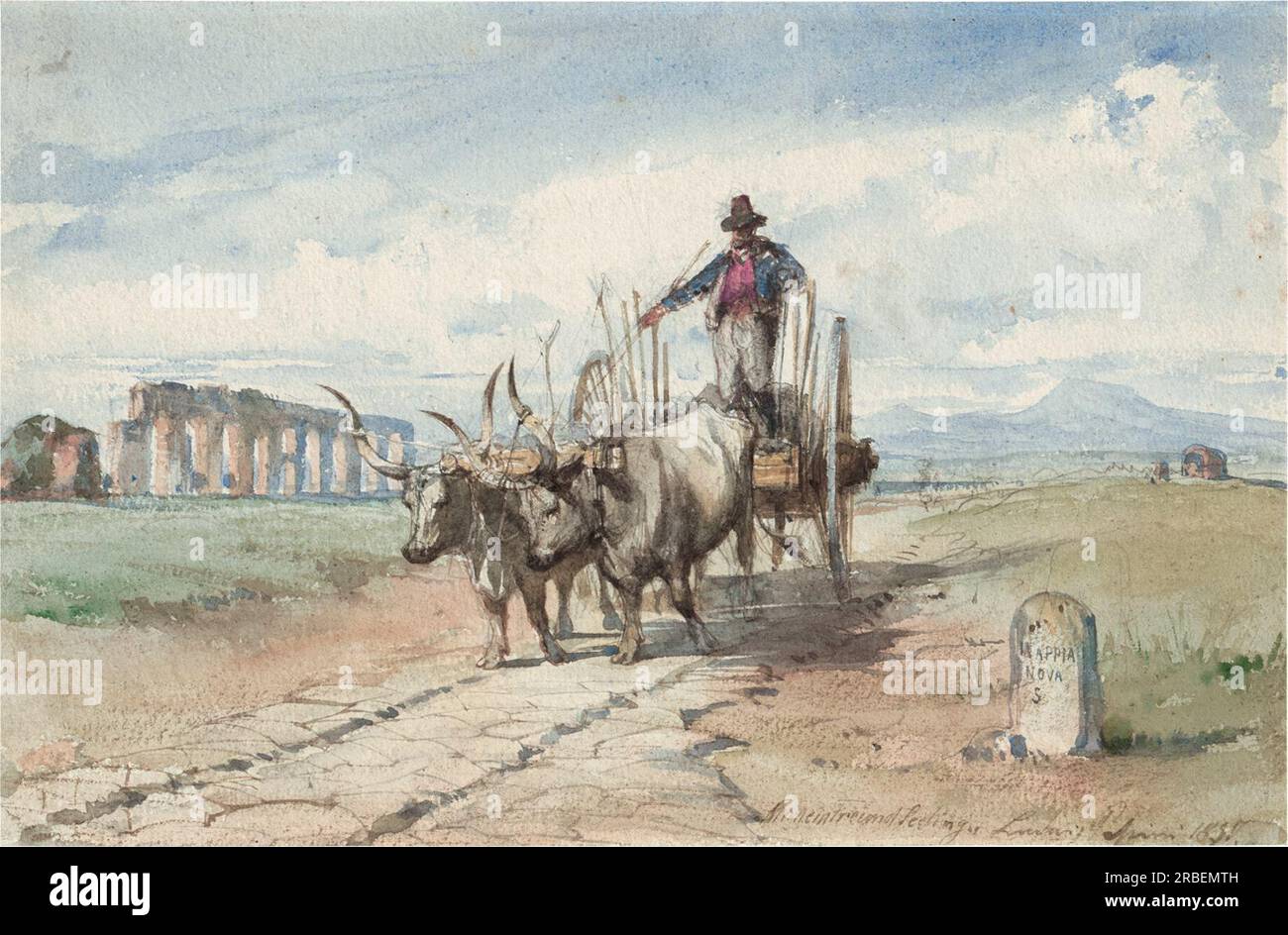 Farmer with an ox cart on the Appian Way near an aqueduct in the Roman ...