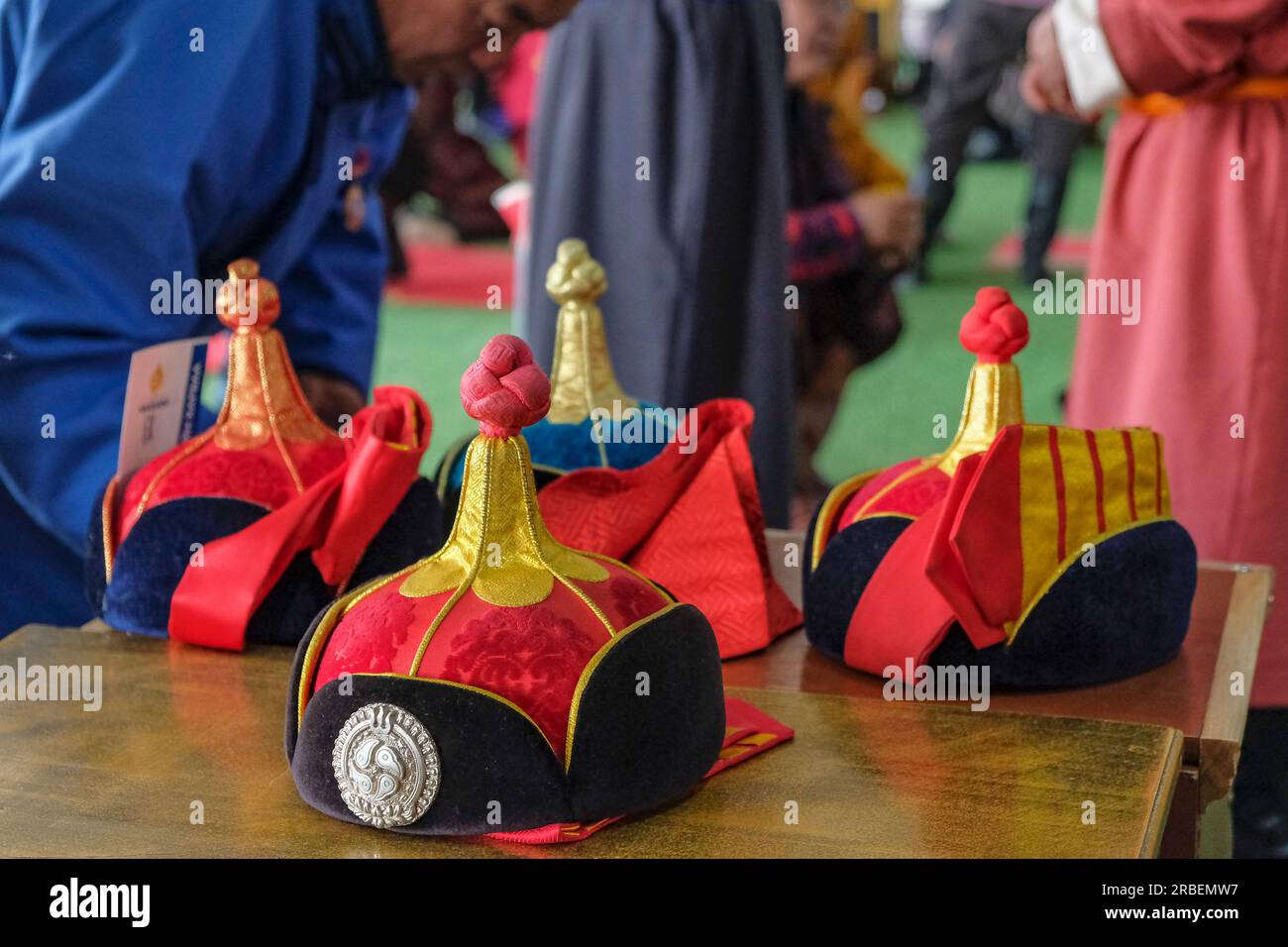 Ulaanbaatar, Mongolia - July 9, 2023: Traditional Mongolian hats at a ...