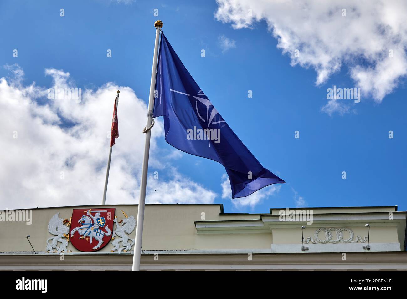 Ukraine NATO banner on building during Nato summit 2023 in Vilnius ...