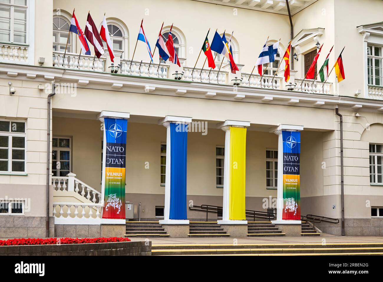 Ukraine NATO banner on building during Nato summit 2023 in Vilnius ...