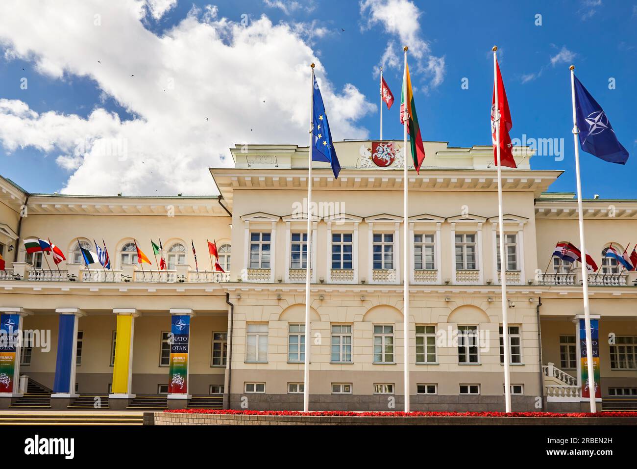Ukraine NATO banner on building during Nato summit 2023 in Vilnius ...