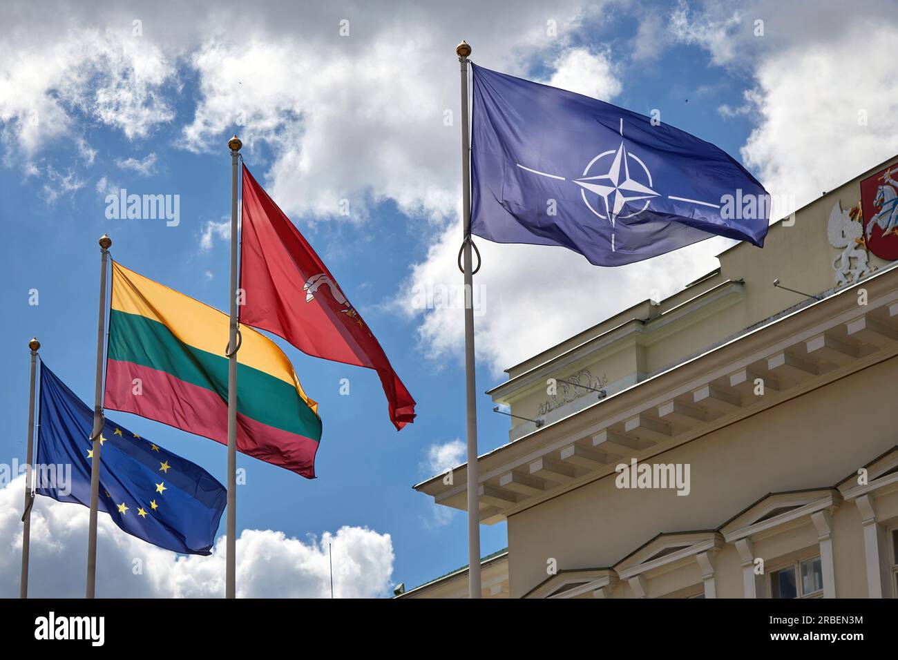 Ukraine NATO banner on building during Nato summit 2023 in Vilnius ...
