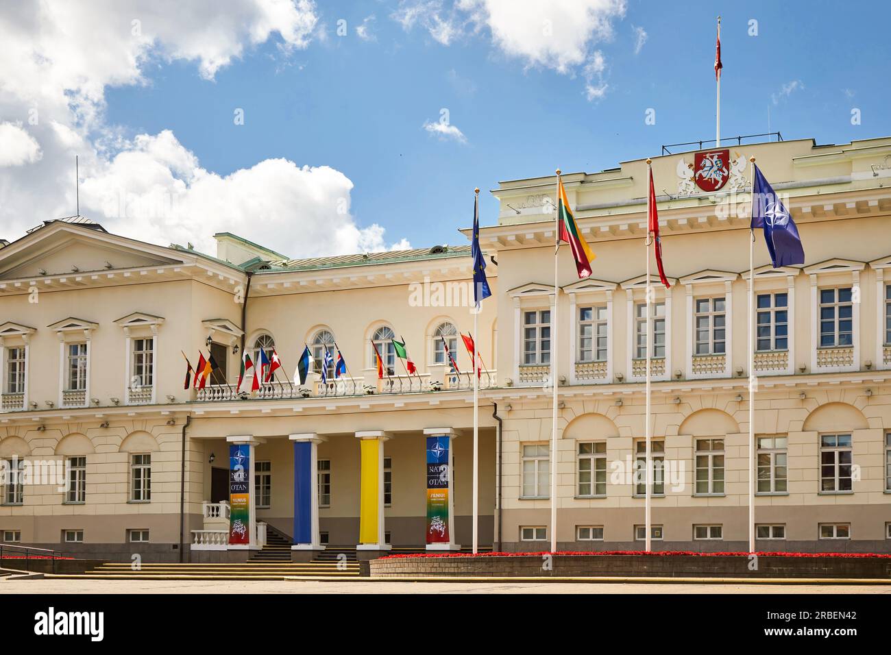 Ukraine NATO banner on building during Nato summit 2023 in Vilnius ...
