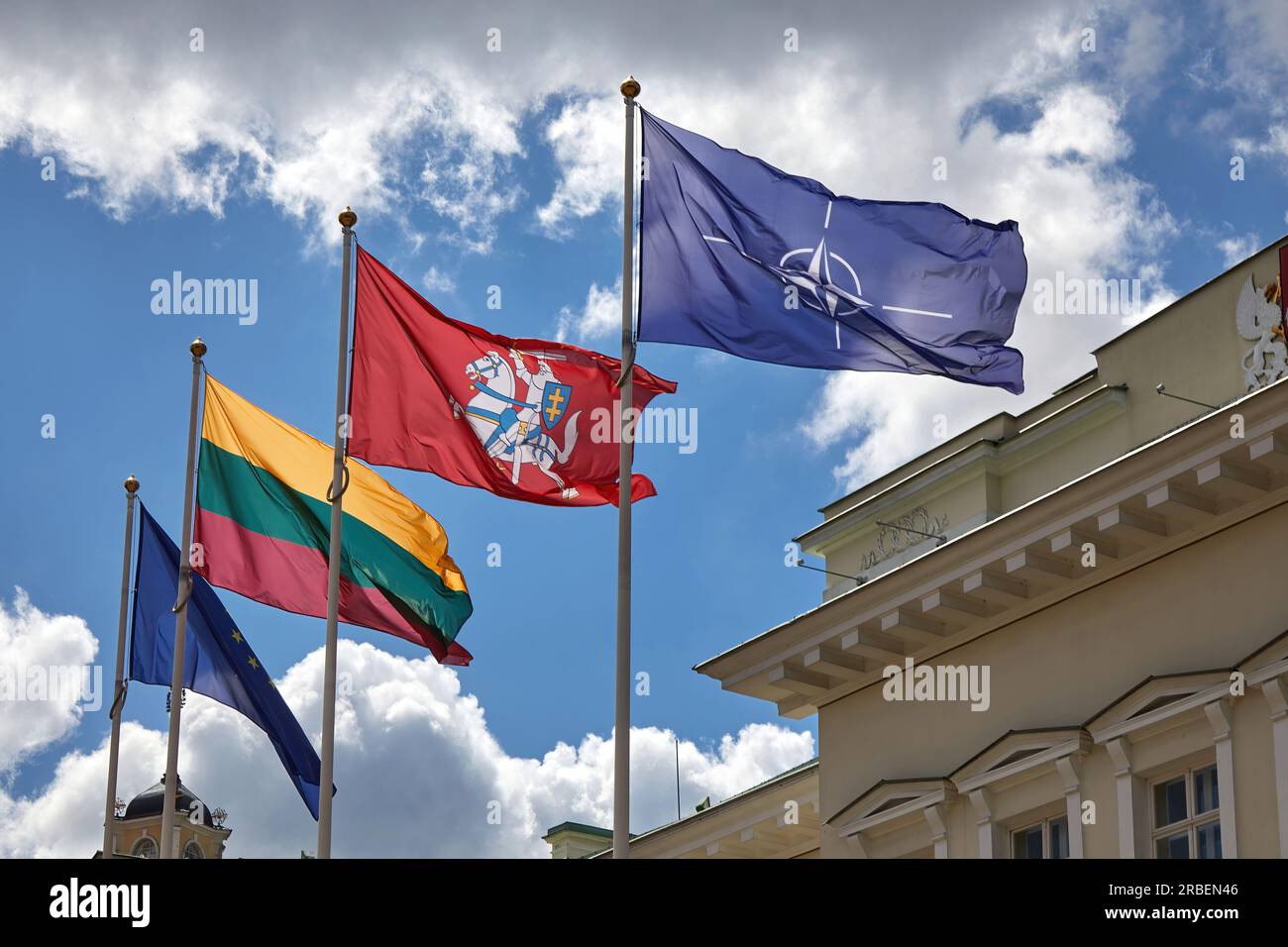 Ukraine NATO banner on building during Nato summit 2023 in Vilnius ...