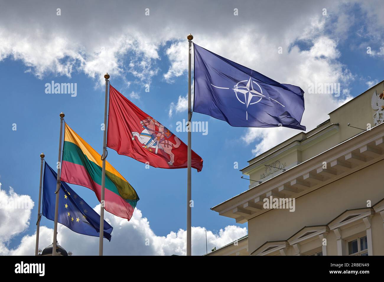 Ukraine NATO banner on building during Nato summit 2023 in Vilnius ...