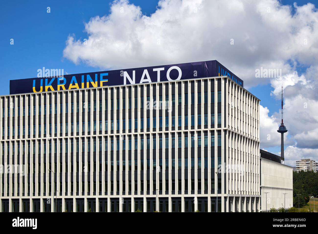 Ukraine NATO banner on building during Nato summit 2023 in Vilnius ...