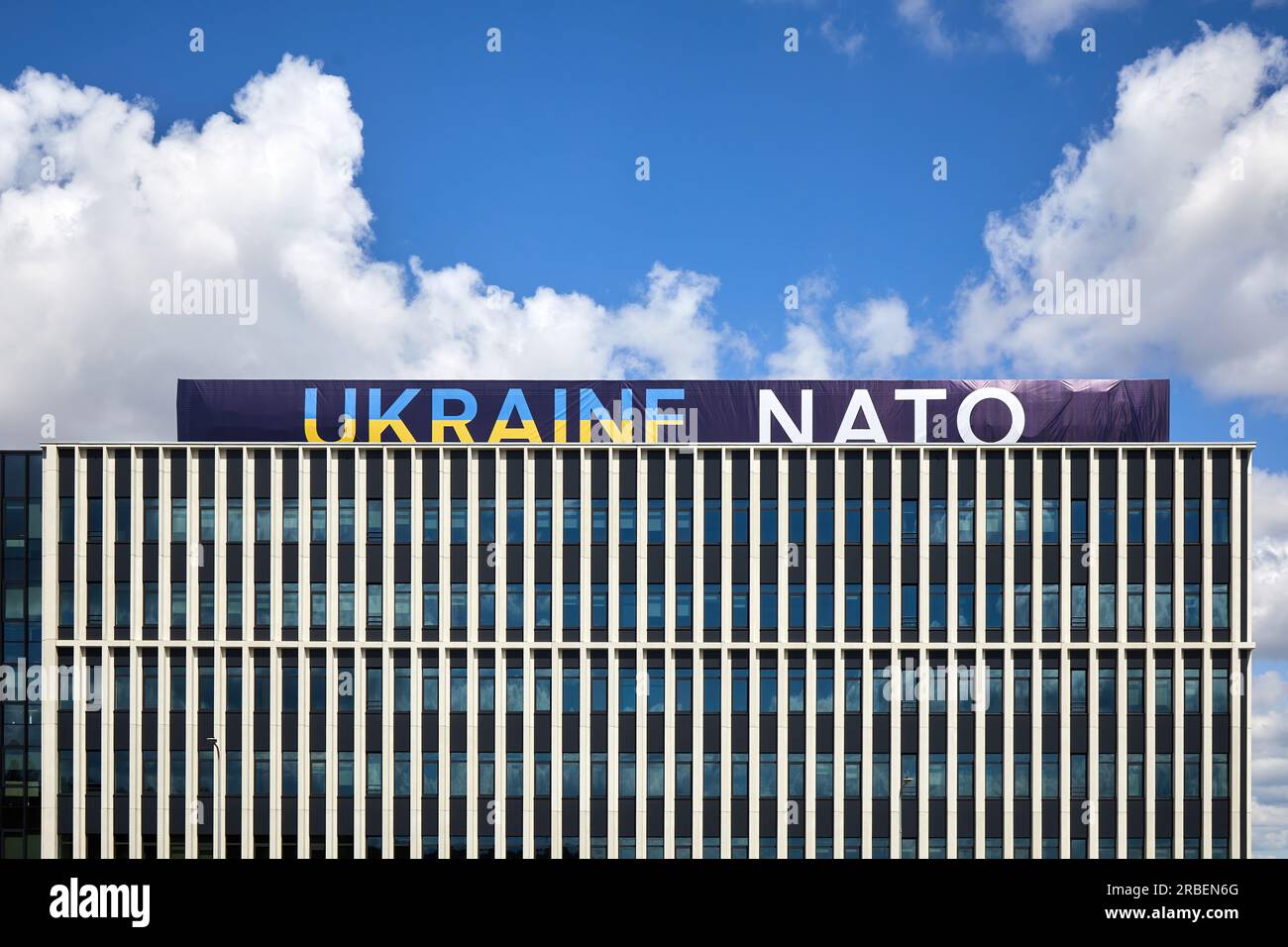 Ukraine NATO banner on building during Nato summit 2023 in Vilnius ...
