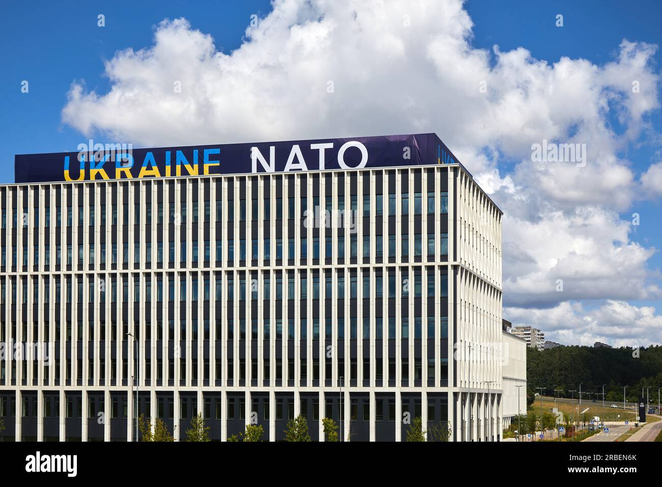 Ukraine NATO banner on building during Nato summit 2023 in Vilnius ...