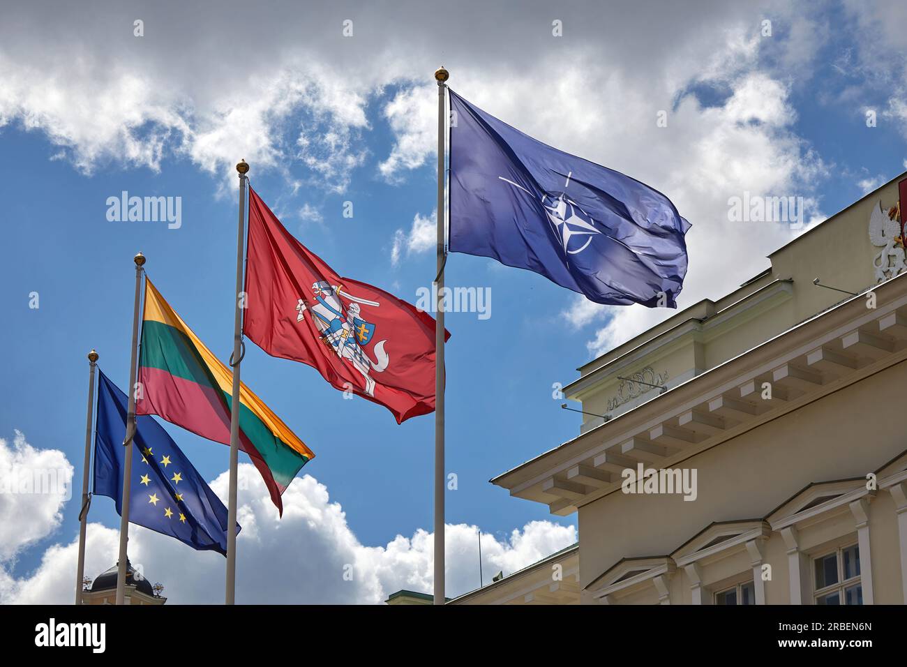 Ukraine NATO banner on building during Nato summit 2023 in Vilnius ...