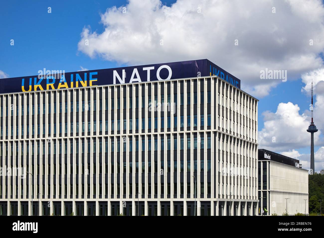 Ukraine NATO banner on building during Nato summit 2023 in Vilnius ...