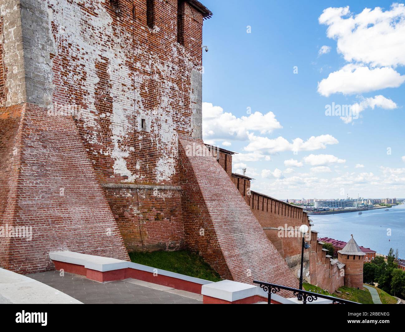 view of Nizhny Novgorod Kremlin towers and walls from Chkalov Stairs in Nizhny Novgorod city on ...