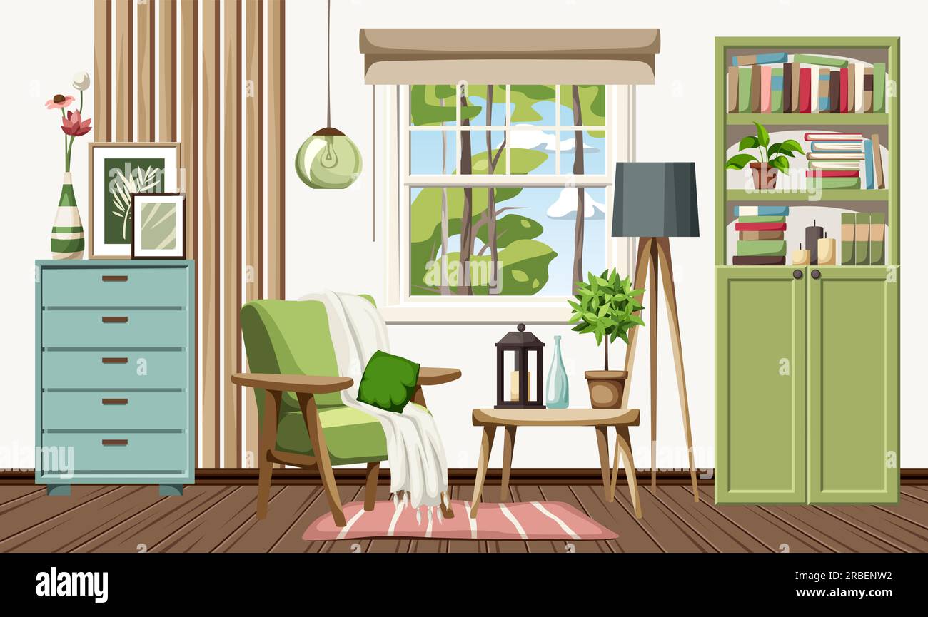 Living room interior design with a green armchair, a green bookcase, a ...