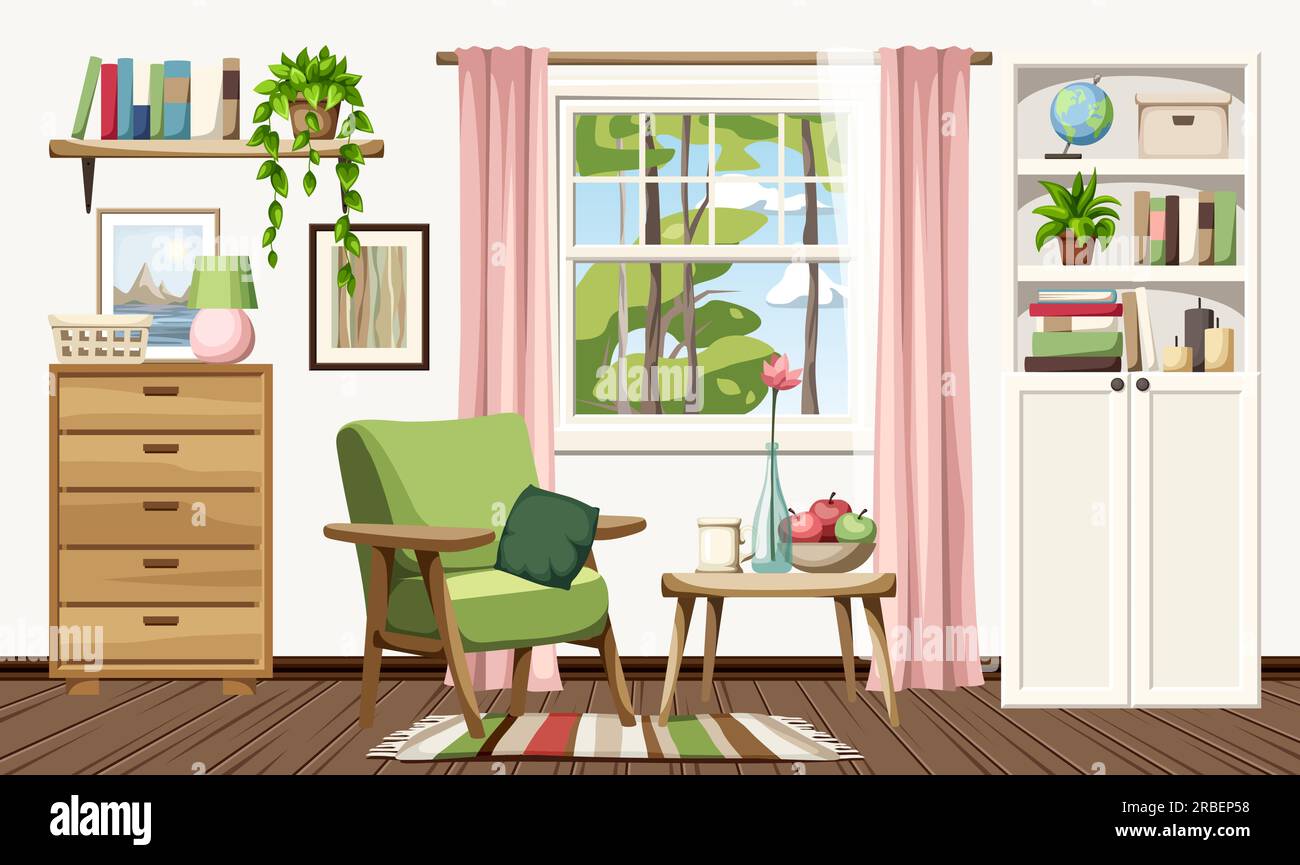 Living room interior design with an armchair, a white bookcase, and a ...