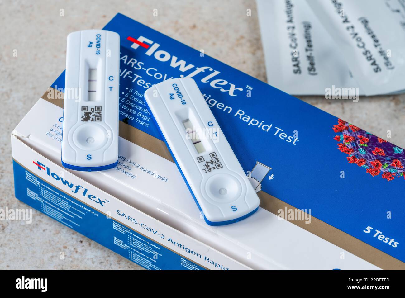 LONDON, UK - JULY 08, 2023: Rapid lateral flow test devices show ...