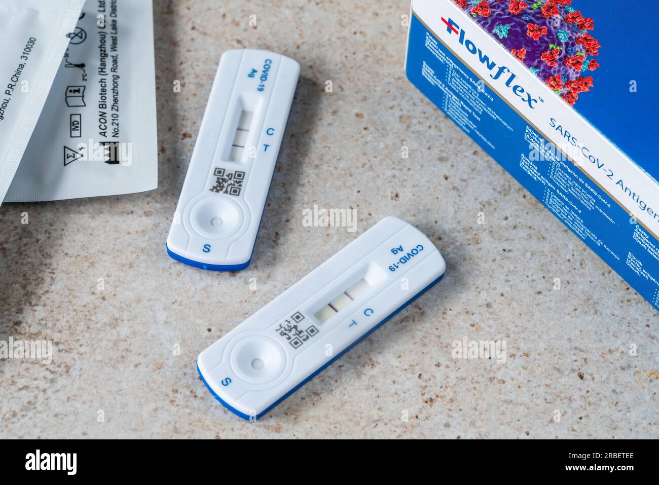 LONDON, UK - JULY 08, 2023: Rapid lateral flow test devices show ...