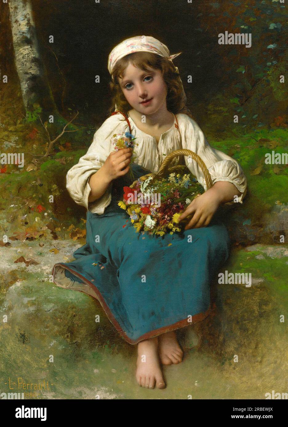 Young girl with a basket of flowers 1880 by Léon Bazile Perrault Stock ...