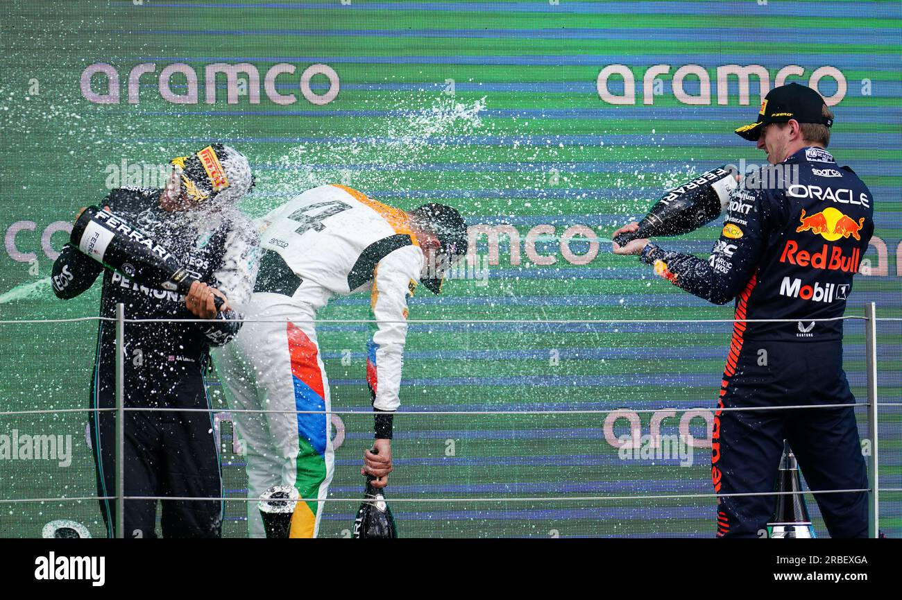 Left to right, Mercedes' Lewis Hamilton, McLaren's Lando Norris and Red ...