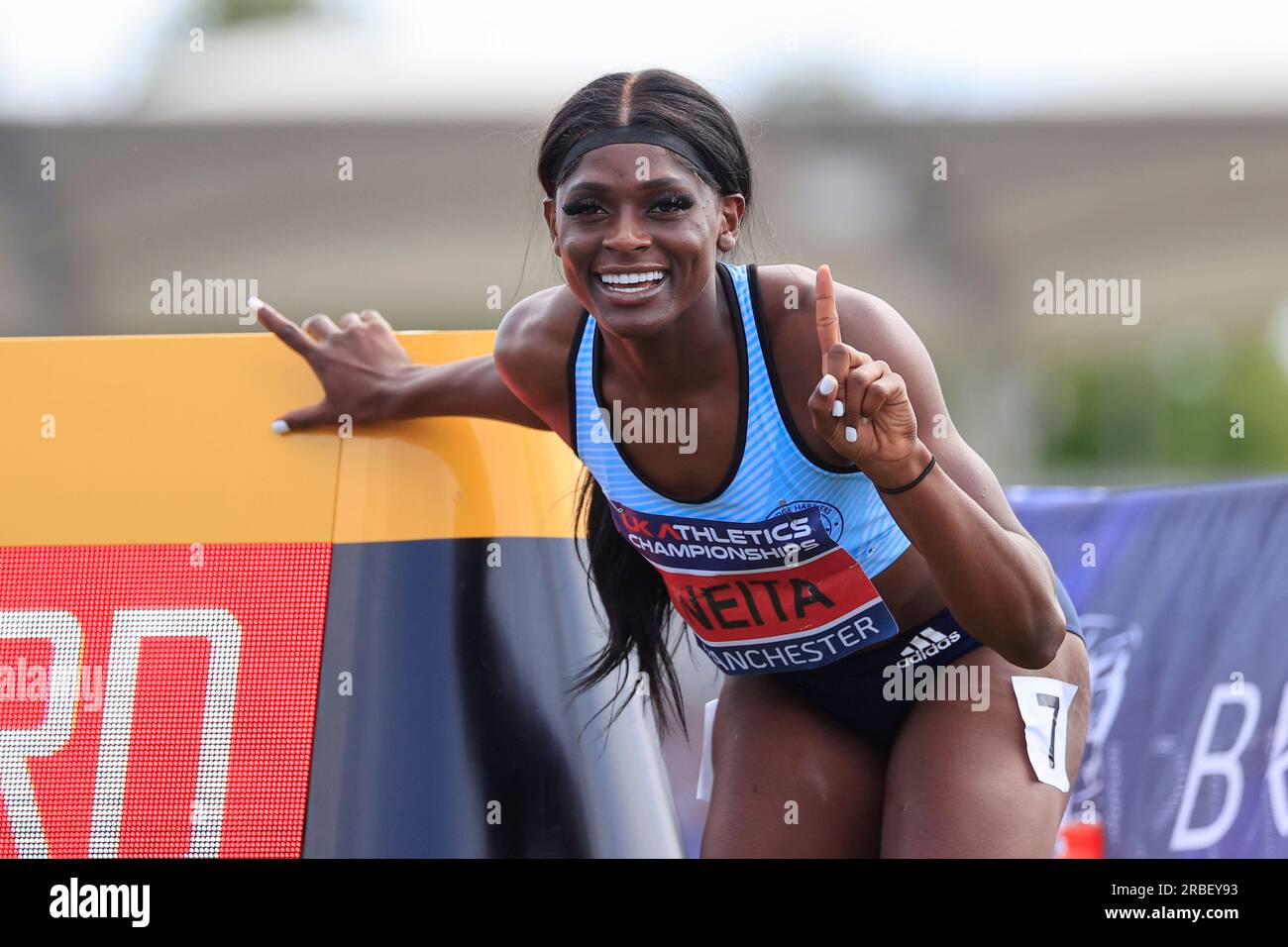 Daryll Neita celebrates winning the women’s 200m final during the UK ...
