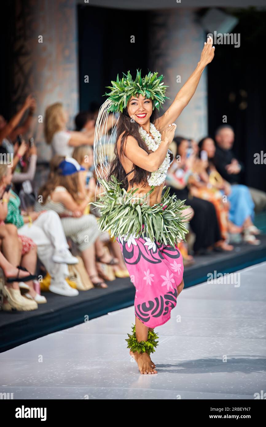 Miami Beach, USA. 09th July, 2023. MIAMI BEACH, FLORIDA - A model walks ...