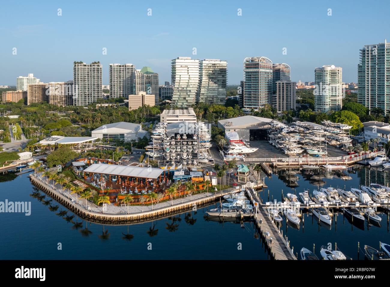 Aerial view of waterfront bars, restaurants and marina in Coconut Grove ...