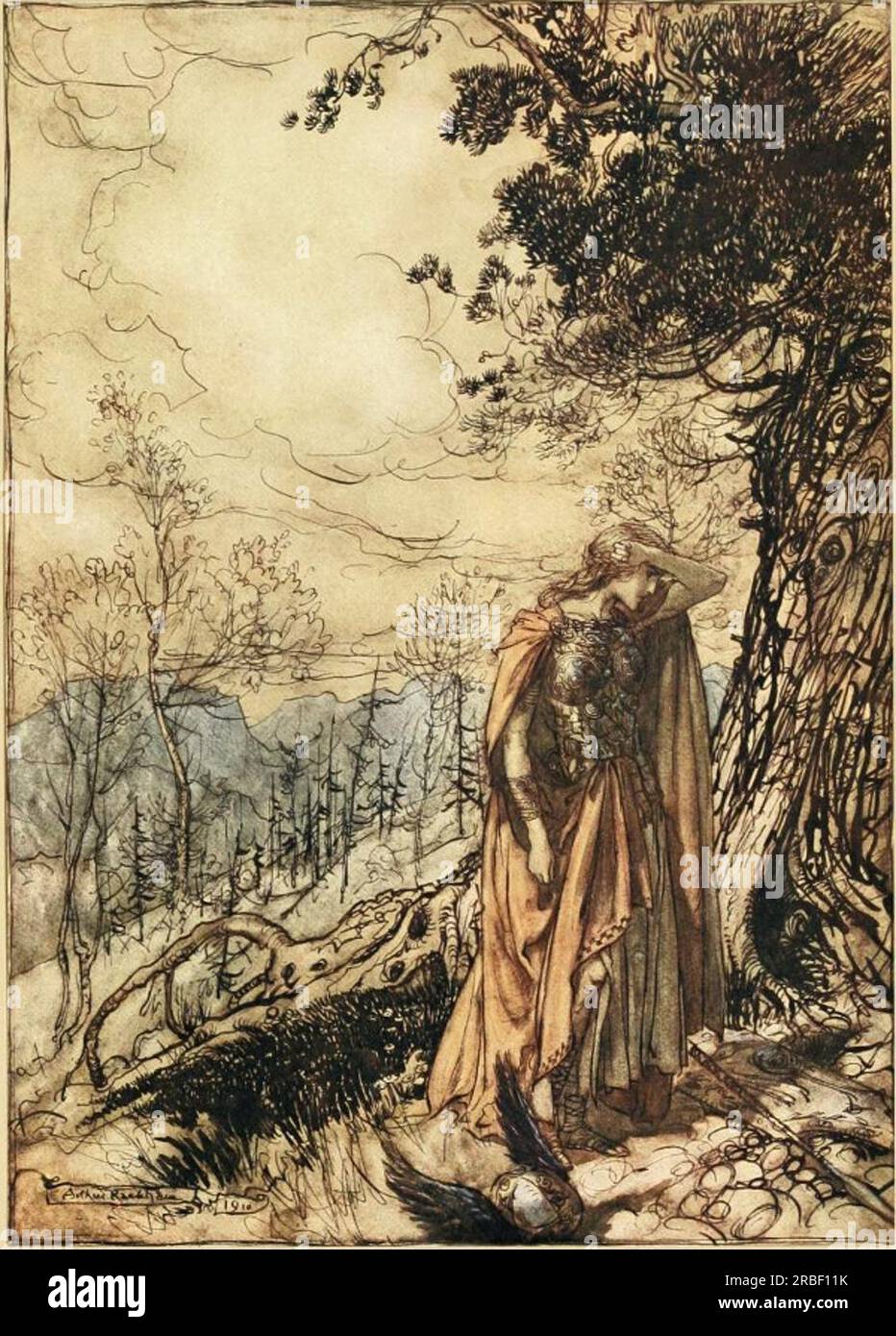 Brünnhilde stands for a long time dazed and alarmed by Arthur Rackham ...