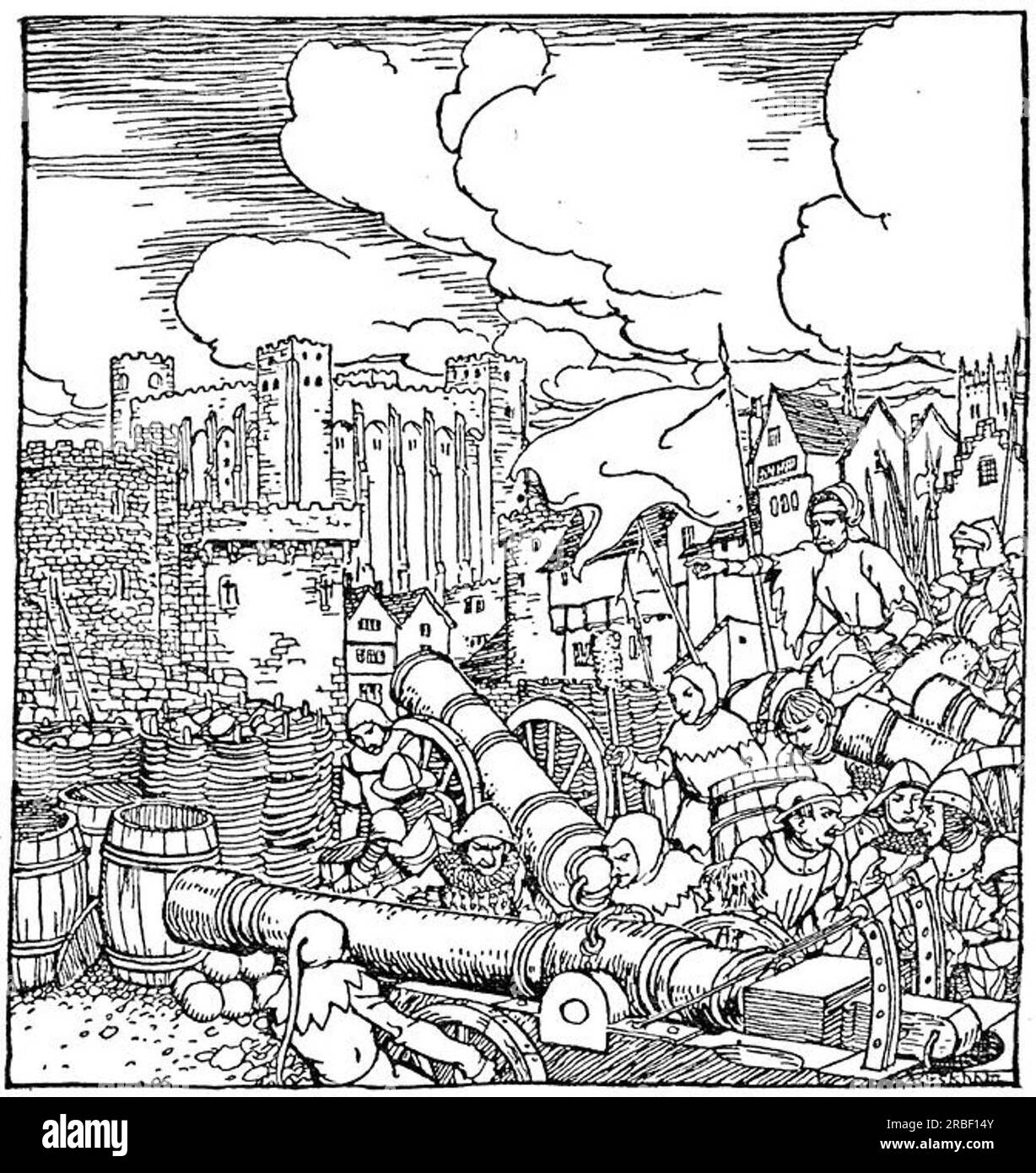 The king's troops lay siege to Lancelot's castle by Arthur Rackham ...