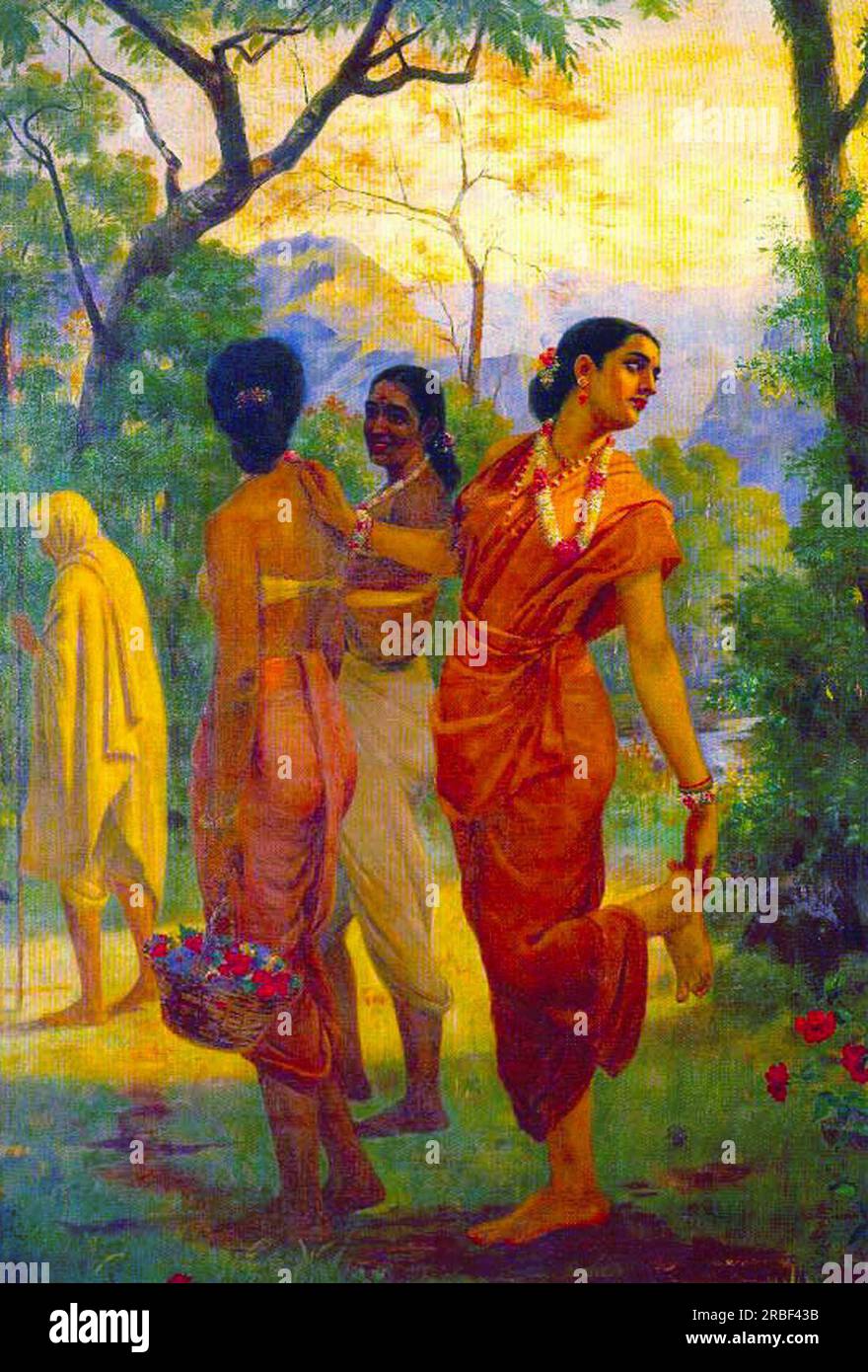 Shakuntala looking back to glimpse Dushyanta by Raja Ravi Varma Stock ...
