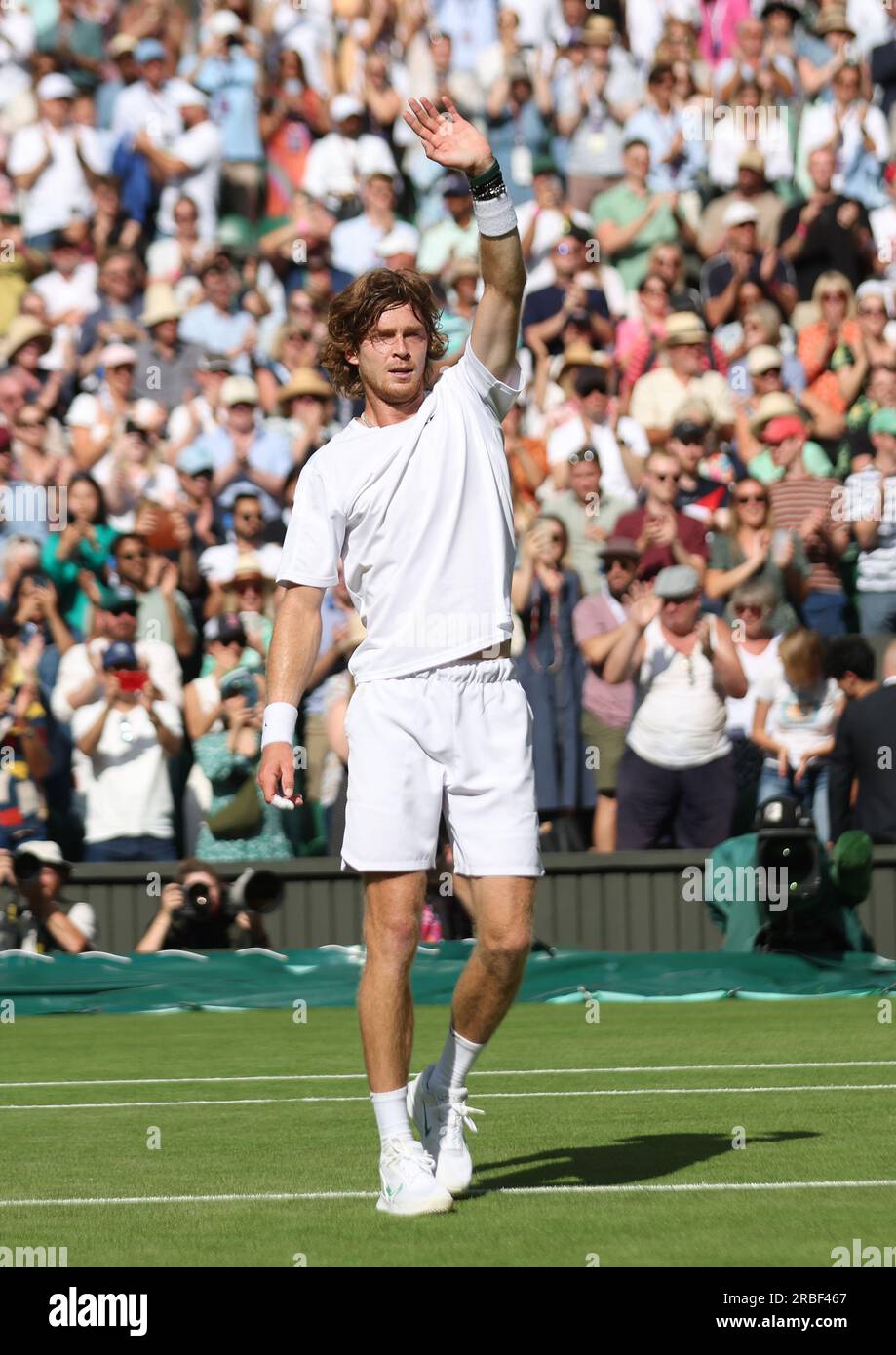 London, UK. 09th July, 2023. Russian Andrey Rublev celebrates victory ...