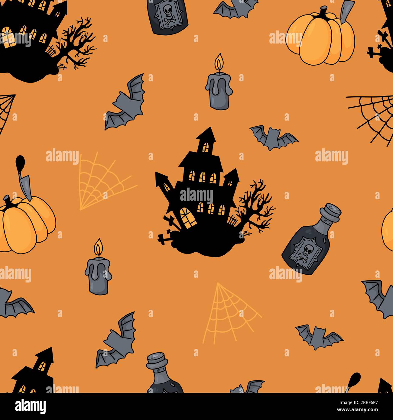 Halloween Seamless pattern with spooky house on orange background with ...