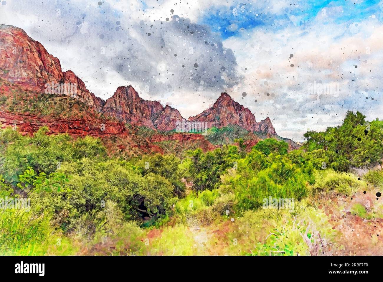 Digitally created watercolor painting of the Watchman rock formation of ...
