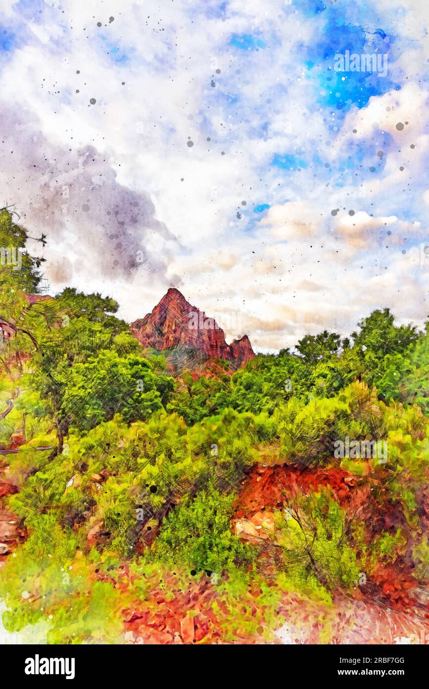 Digitally created watercolor painting of the Watchman rock formation of ...