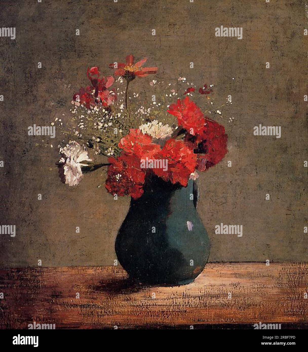 Carnations and baby's breath in a green pitcher by Odilon Redon Stock ...