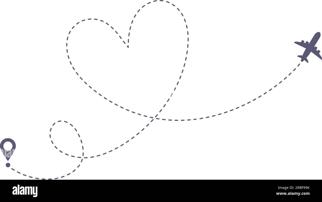 Love Airplane Route Romantic Travel Heart Dashed Line Trace And Plane
