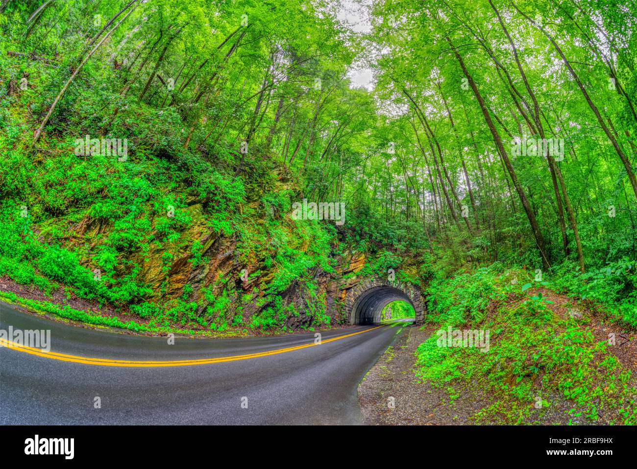 Horizontal fish eye lens shot going through a Smoky Mountains tunnel in ...