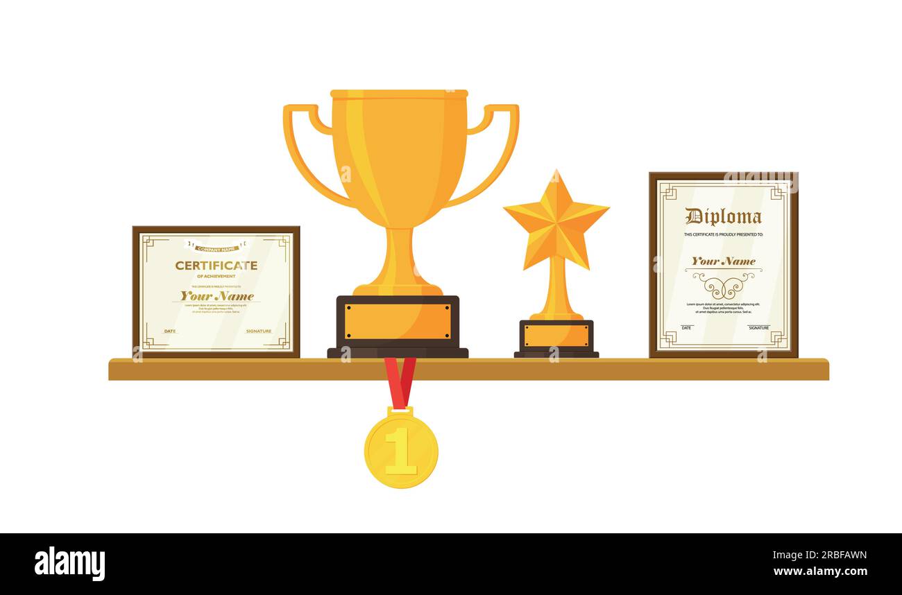 Golden trophy and awards on wooden shelf isolated on white background ...