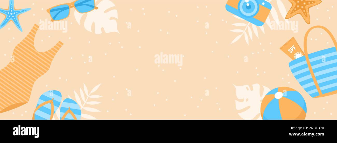 Horizontal summer banner with beach items frame on sand background and ...