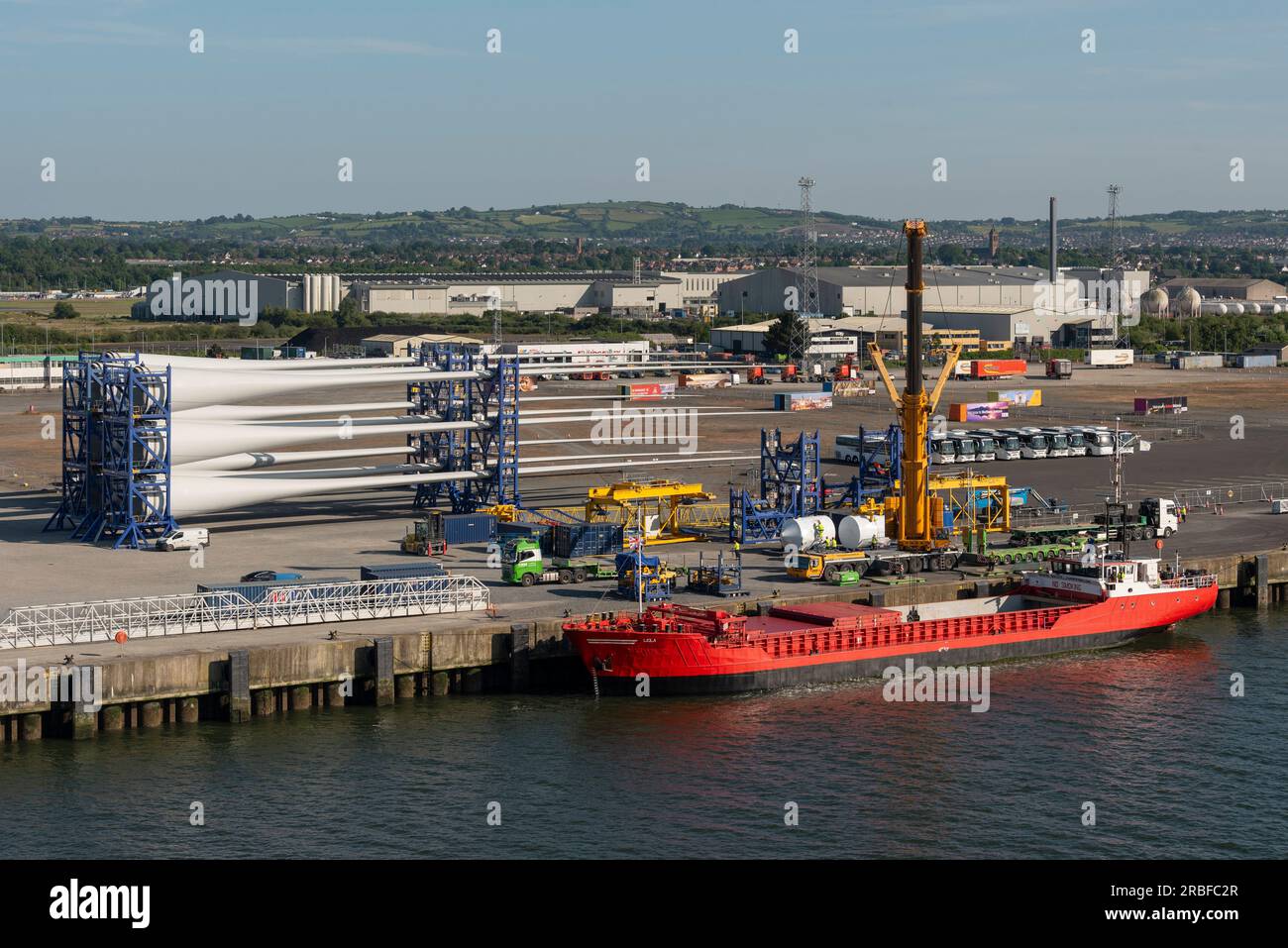 Belfast, Northern Ireland, UK. 7 June 2023. Red ship with open hatches ...