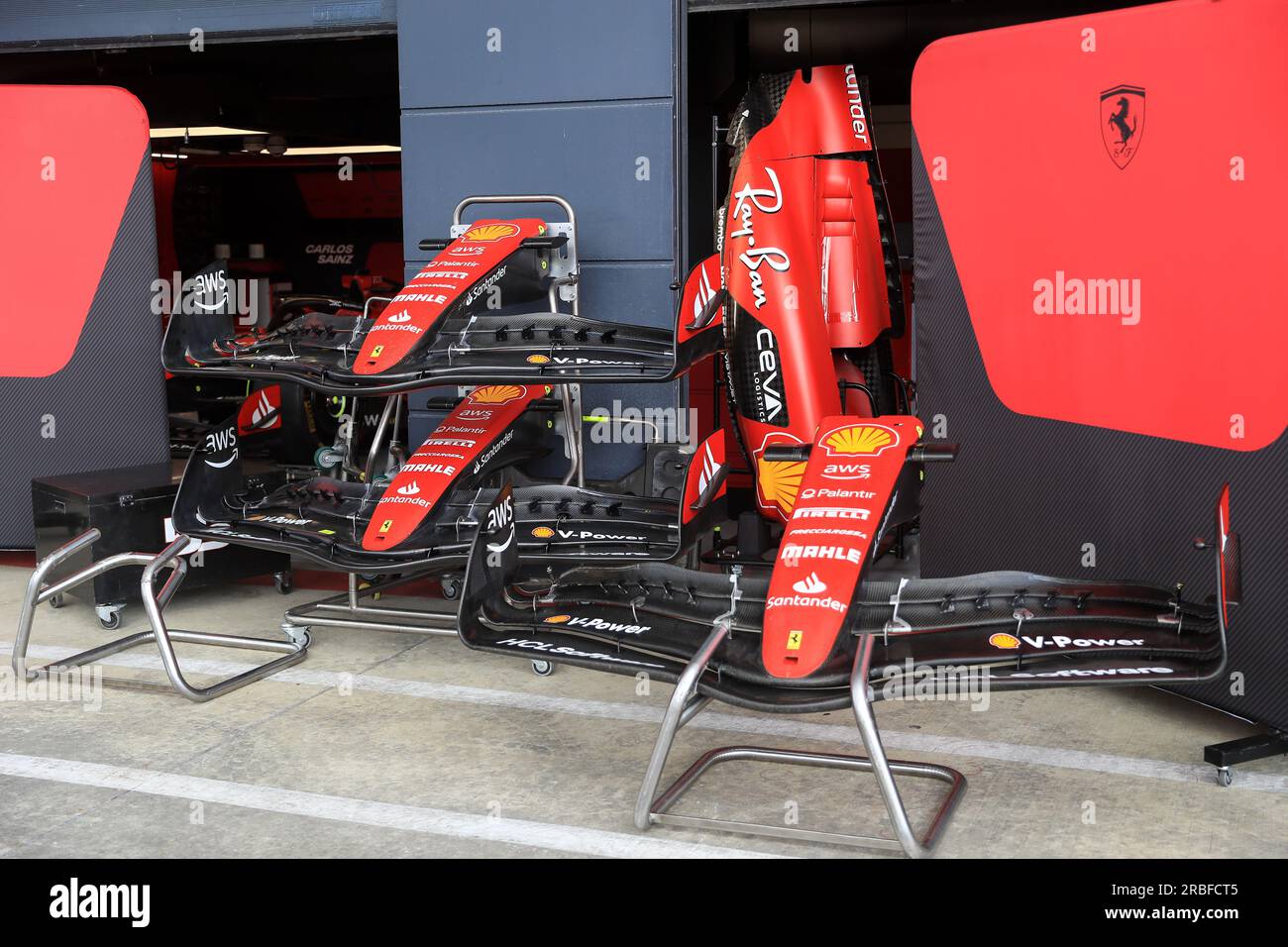 A general view of the front wings for team Ferrari cars following the ...