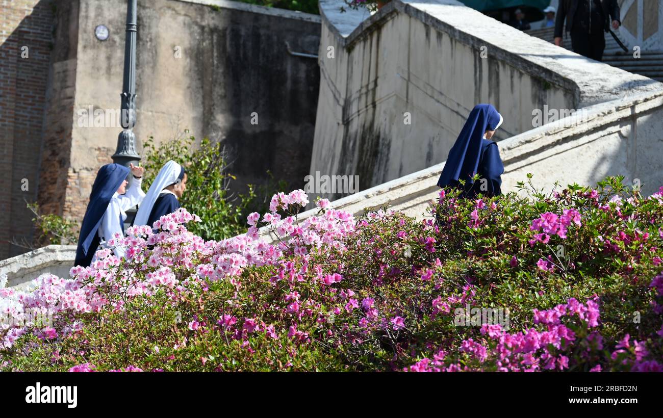Three Nuns walking past pretty flowers on The Spanish Steps in Rome ...