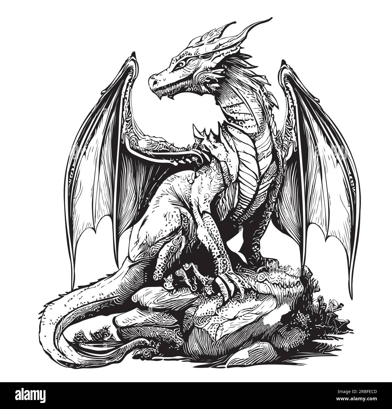 Dragon mystical with wings sketch drawn in doodle style illustration ...