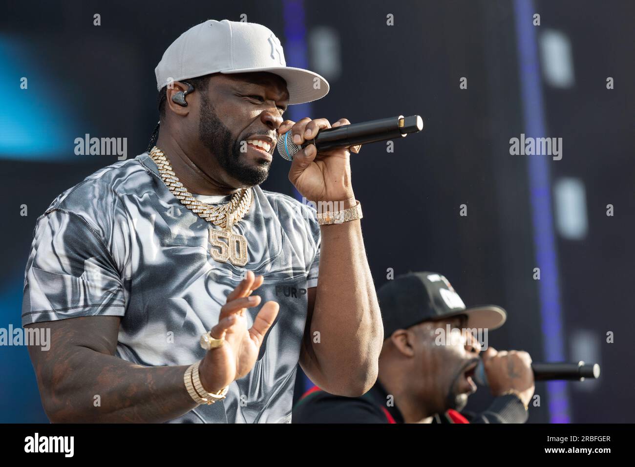 London, UK. July 9, 2023. 50 Cent performs on the Main Stage at the ...