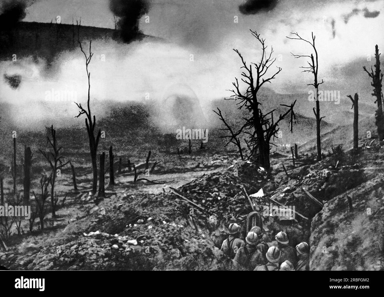 Verdun, France: June, 1916 French infantry facing a curtain of fire in ...